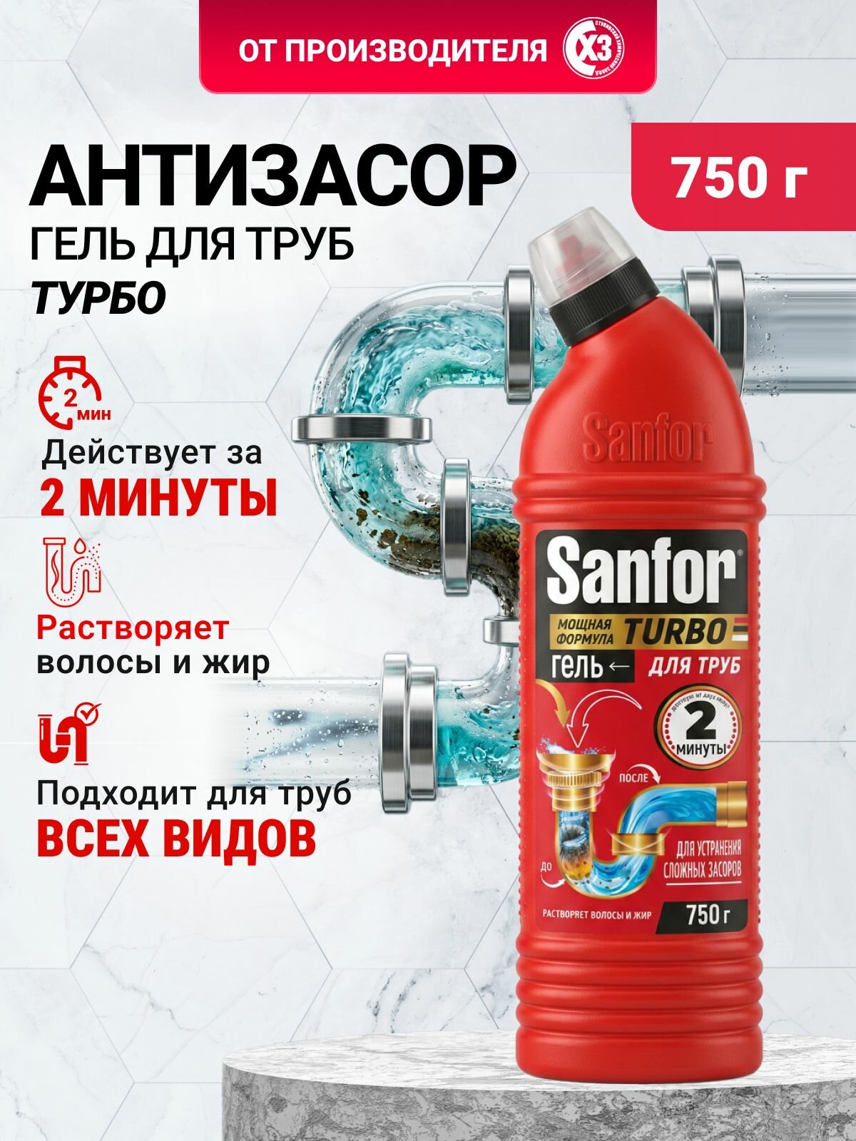 Средство для прочистки труб от засоров, Sanfor TURBO, Гель очиститель для труб от засоров и волос, 750 г устранение засоров прочиститель труб очистка труб от волос