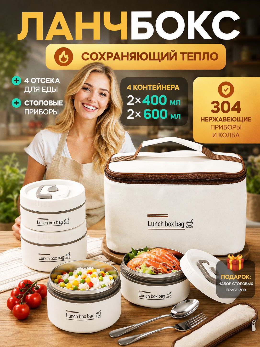 Ланч-бокс с отделениями 2 Л с термо сумкой бежевый / с приборами / 4 герметичных контейнера