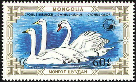 (1987-037) Марка Монголия "Тундровый лебедь и лебедь-кликун" Лебеди III O