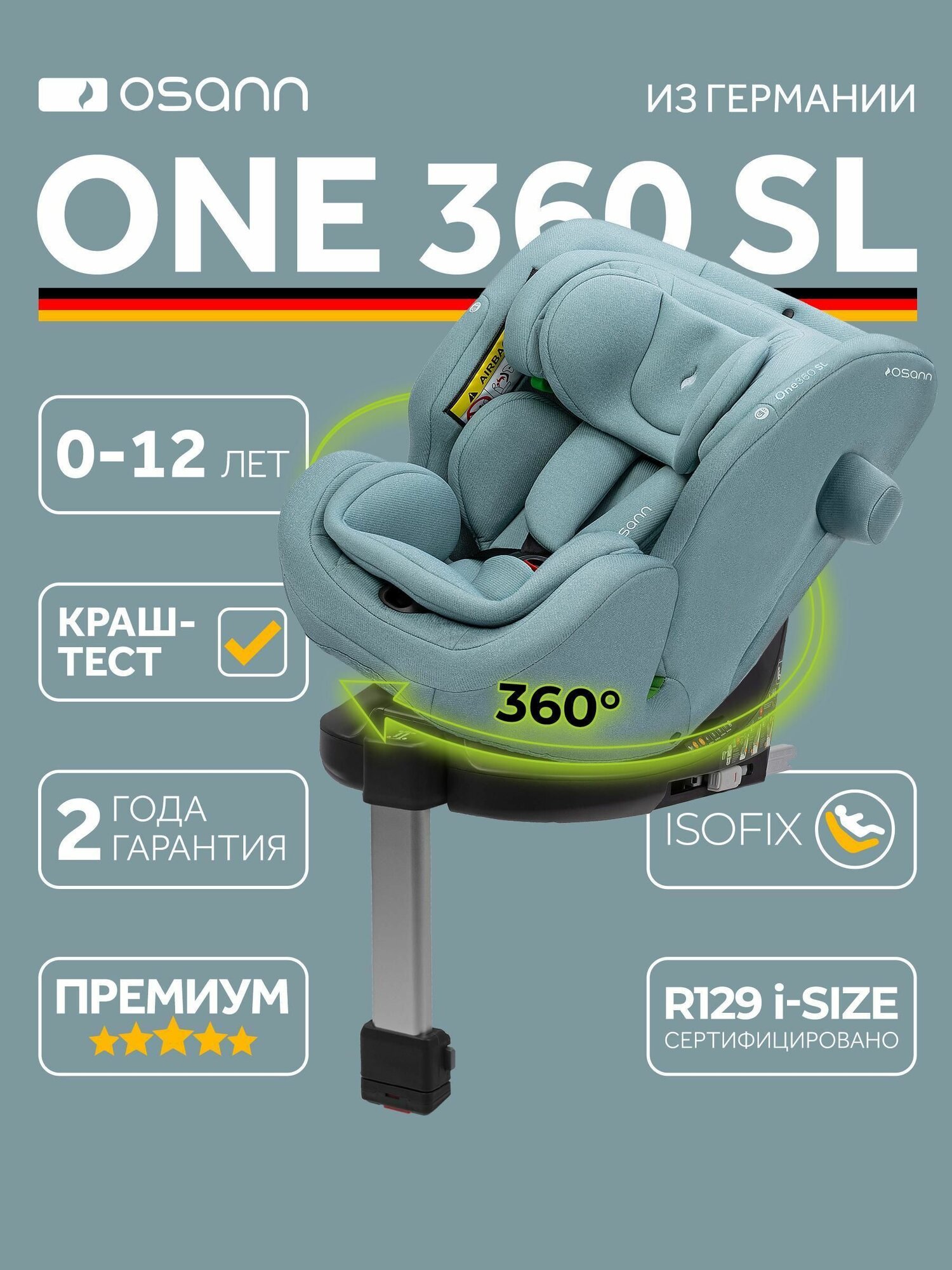 Автокресло детское Osann One360 SL Sky (бирюзовый) для новорожденных и детей до 12 лет, от 40 до 150 см, 0-36 кг, c ISOFIX и опорной ногой