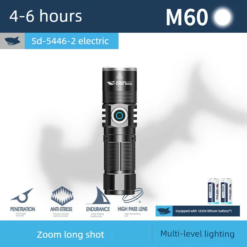 Фонарь Smiling Shark из алюминиевого сплава, высокояркий, дальнобойный, M60, для улицы, с зумом, многофункциональный,