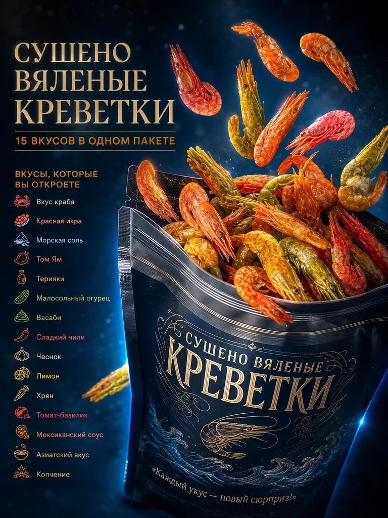 Креветки вяленые ассарти 15 вкусов 40 г Дой-пак Минимум специй, максимум вкуса Натуральный перекус