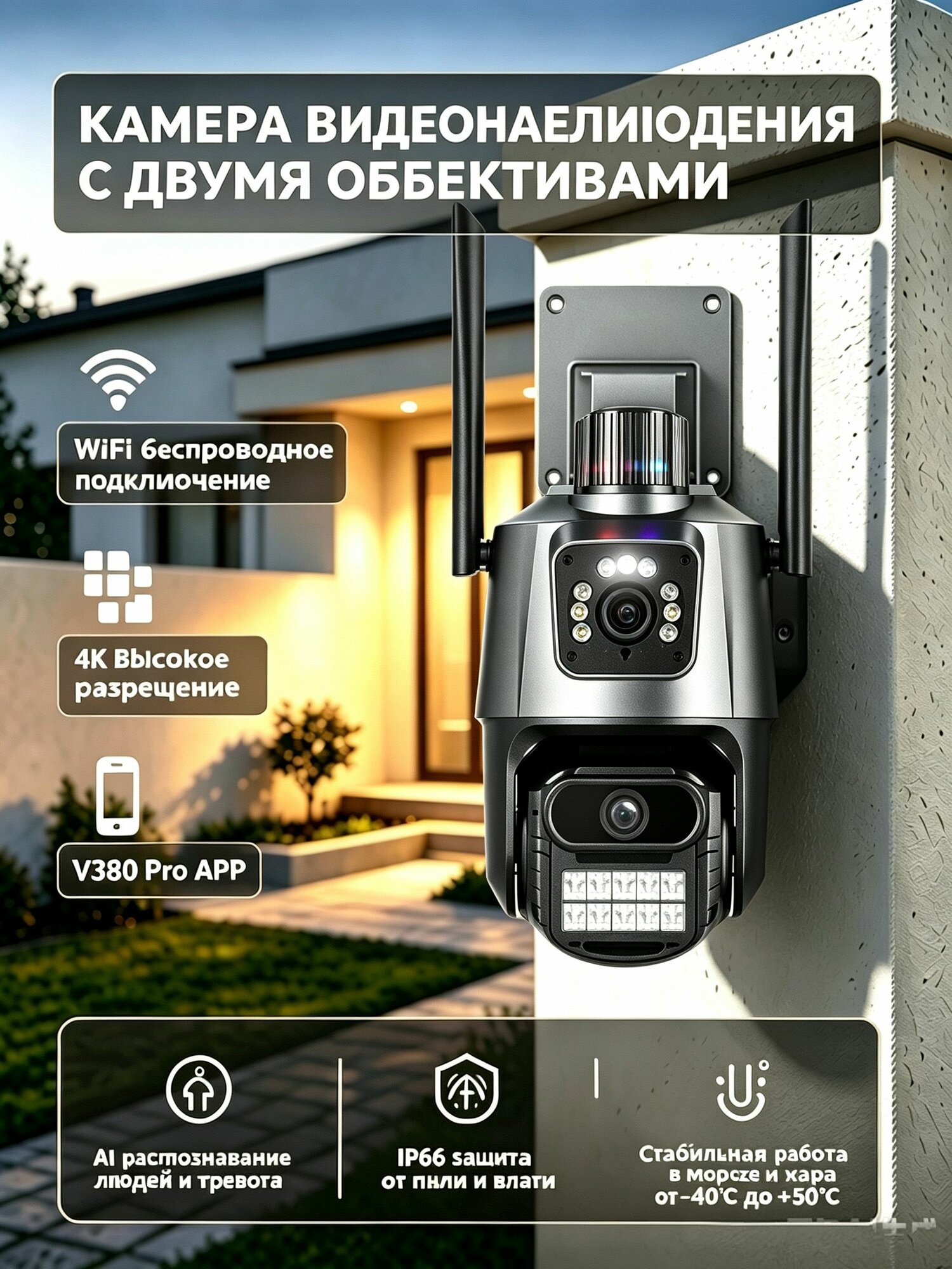 Беспроводная камера Камера видеонаблюдения wifi, уличная, видеокамера беспроводная, поворотная с датчиком движенияУличная беспроводная поворотная Wi-Fi камера видеонаблюдения 12MP с датчиком движения