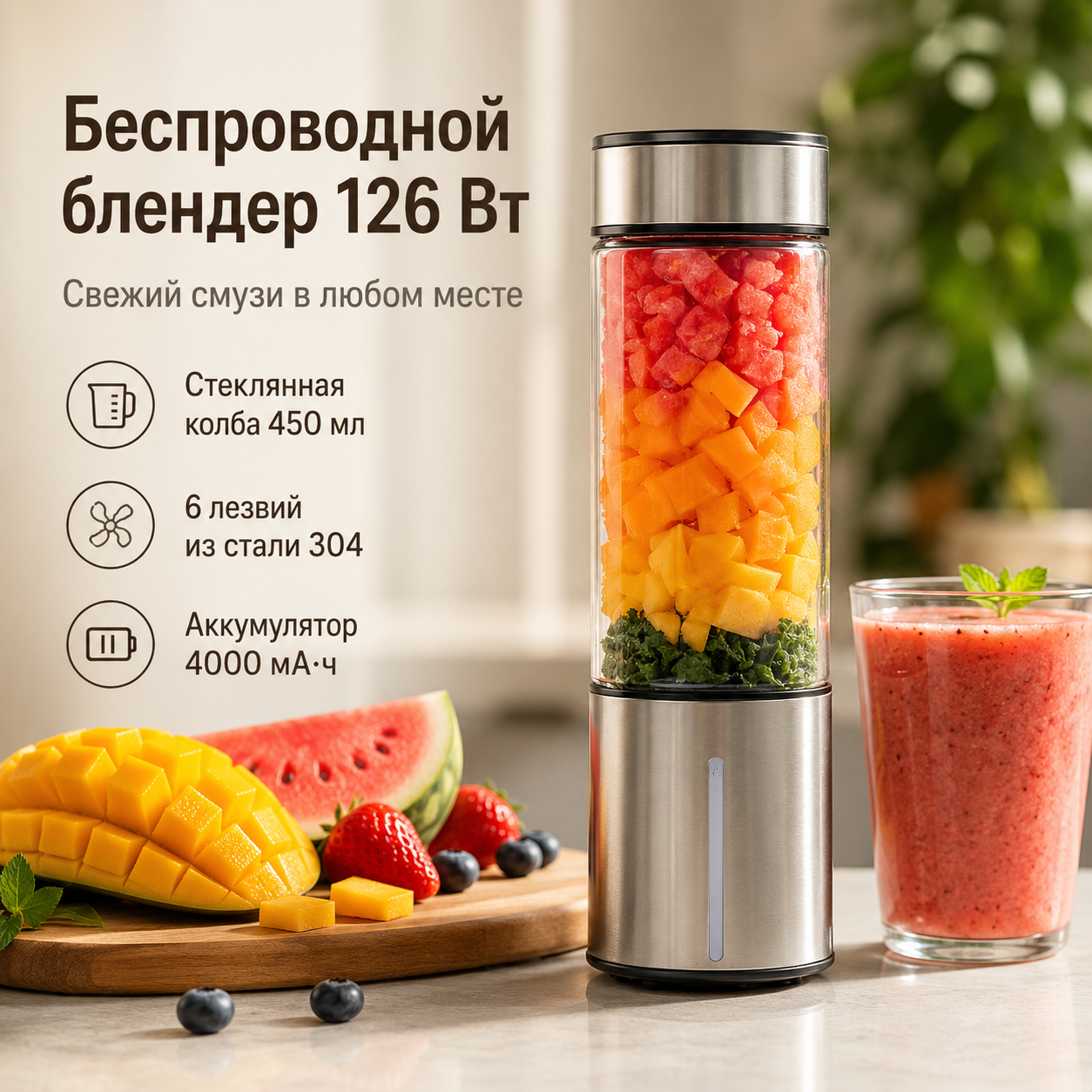 Беспроводной блендер-соковыжималка 126 Вт, 450 мл, стеклянный стакан, 4000 мАч