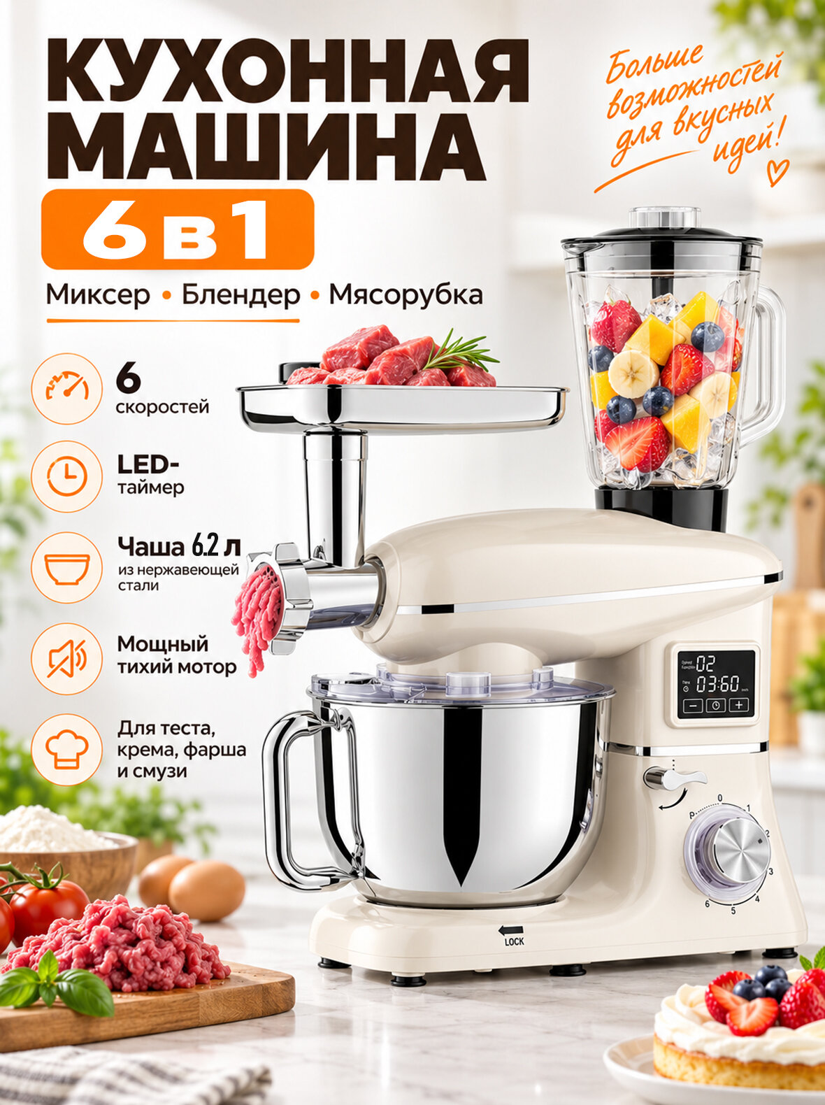Тестомес (стационарный миксер) 6 в 1, 1900Вт, StandMixer, кухонный комбайн, с LED-дисплеем, для выпечки хлеба и пиццы
