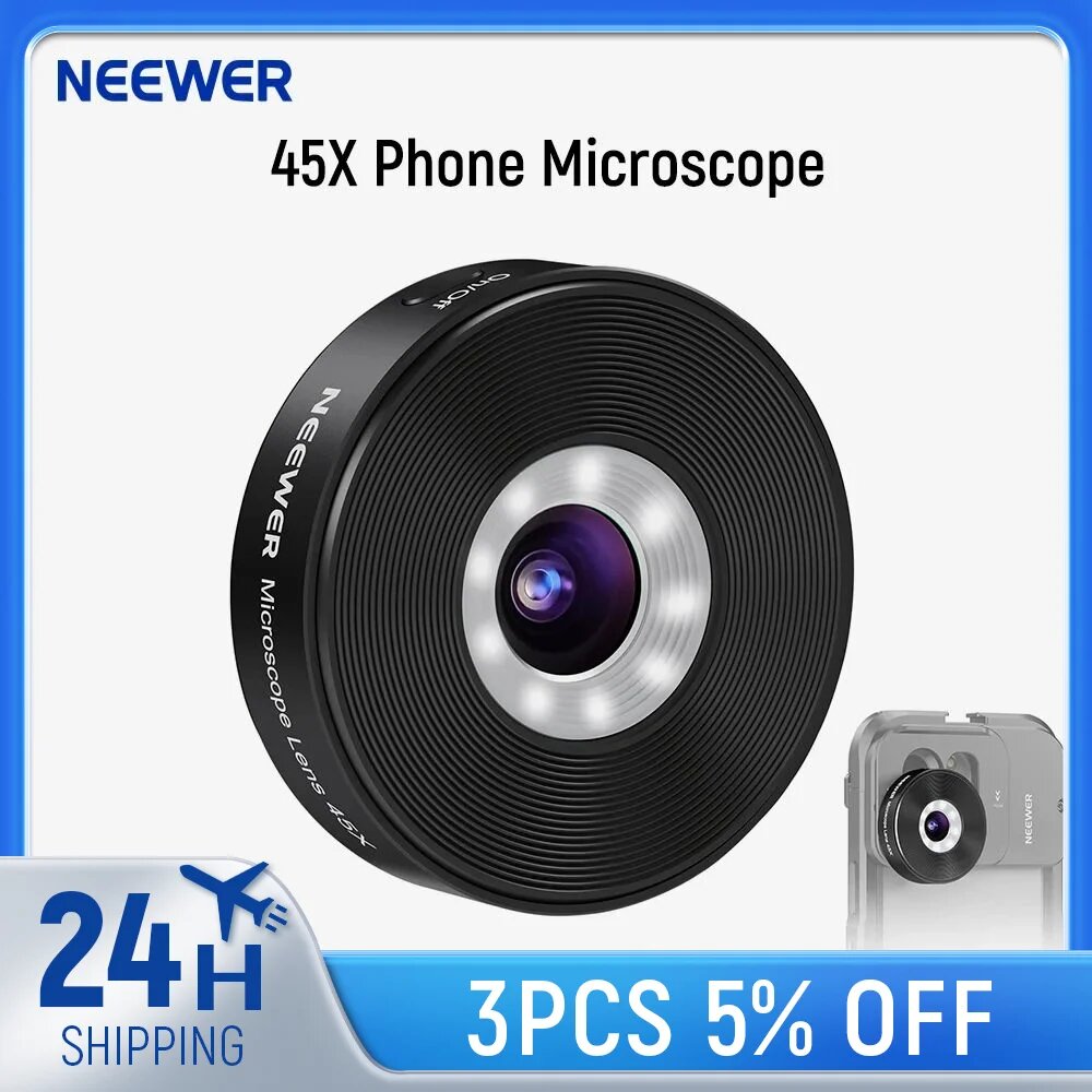NEEWER 45X телефонный микроскоп перезаряжаемый зум-объектив с аккумулятором 50 мАч для iPhone Samsung Cage с адаптером для объектива 17 мм