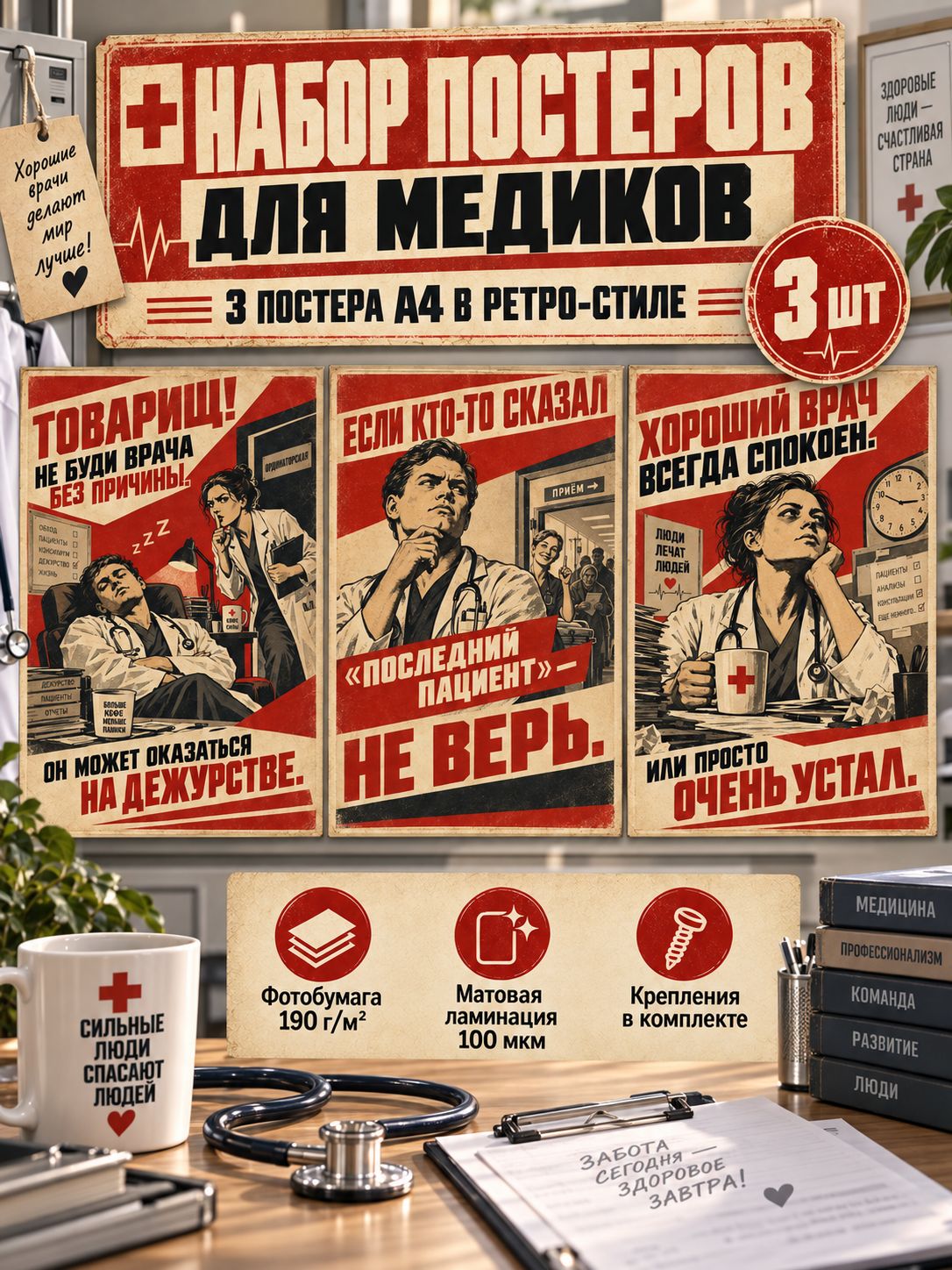 Набор постеров A4 3 шт медицинские ретро