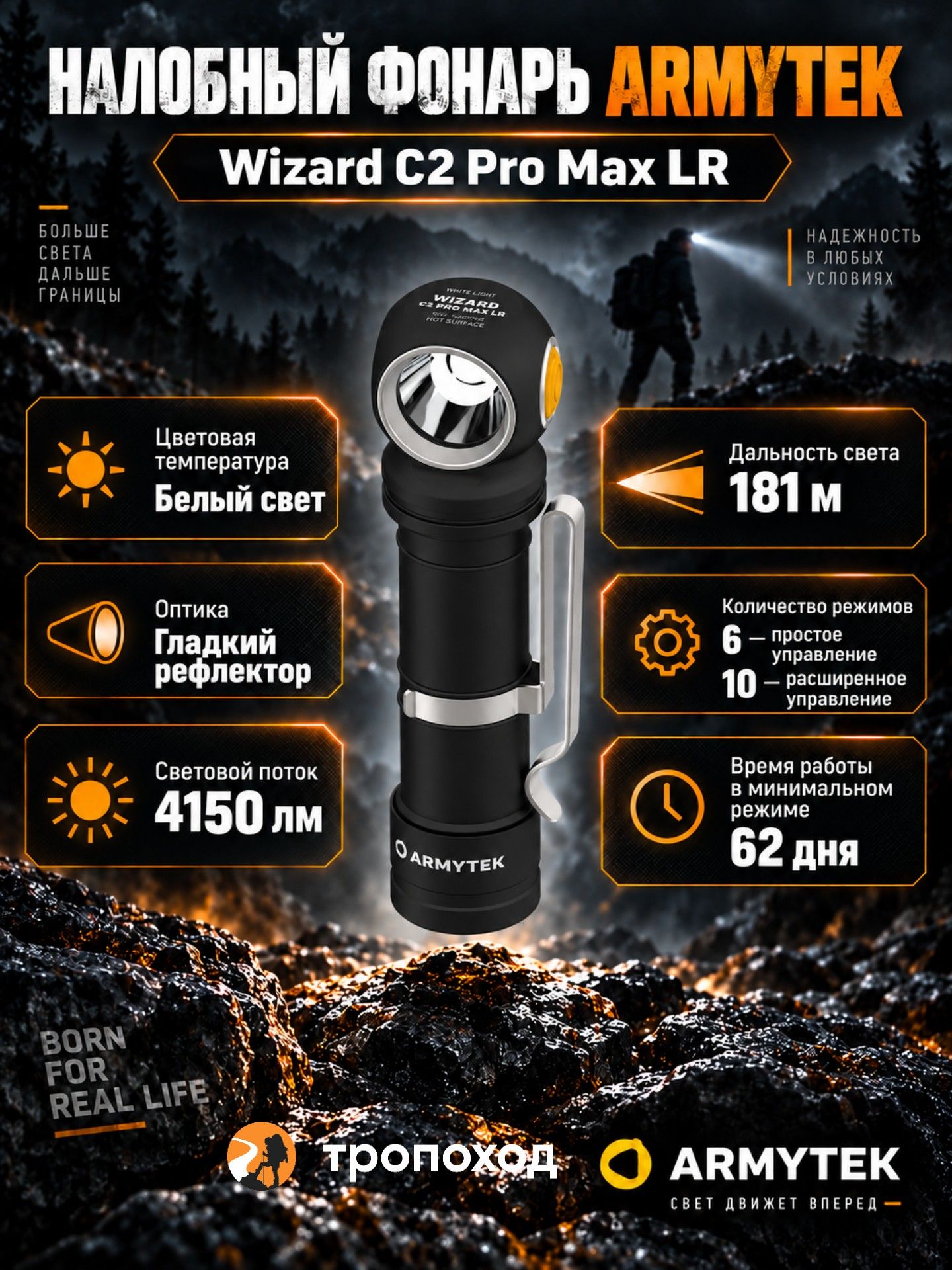Фонарь налобный аккумуляторный Armytek Wizard C2 Pro Max LR Белый