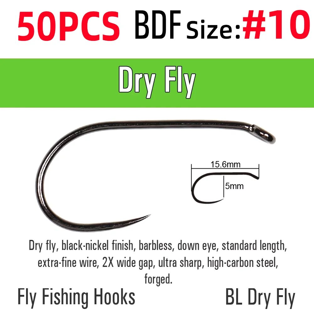 Крючки для мух BDF без бородки #8-#20, черные, высокоуглеродистая сталь 50pcs Size 10
