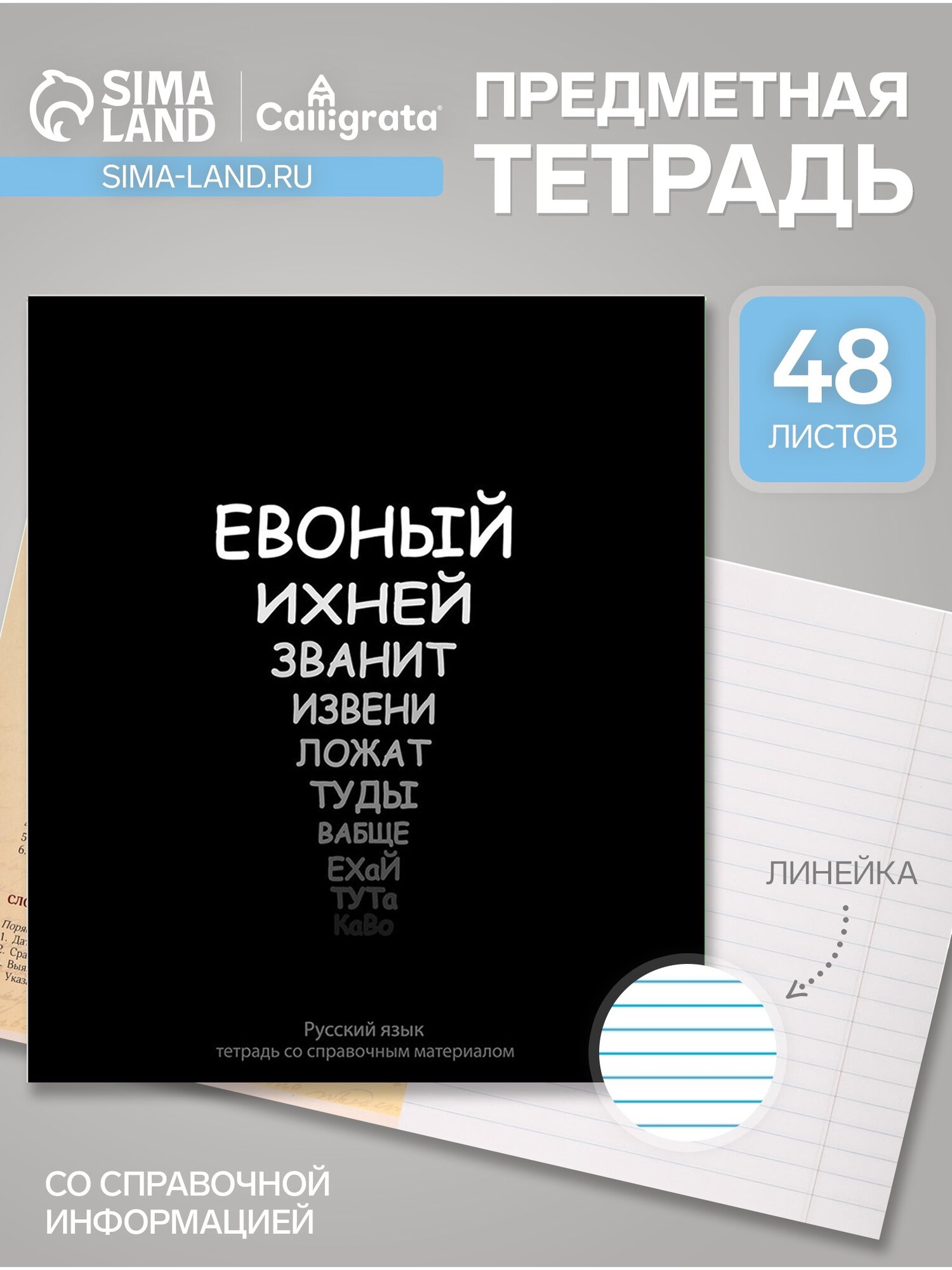 Предметная тетрадь по русскому языку Calligrata «На Чёрном», 48 листов, в линейку, со справочным материалом, обложка из мелованного картона