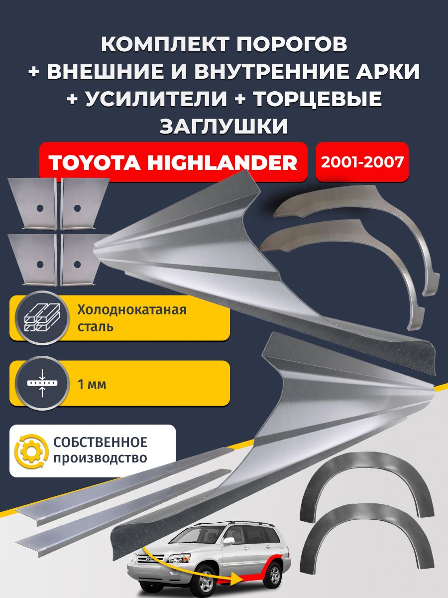 Комплект ремонтных задних внешних и внутренних арок (0,8 мм) + комплект порогов + 4 торцевые заглушки + усилители, на Toyota Highlander 1 2001-2007 (Тойота Хайлэндер) Холоднокатаная сталь 1 мм