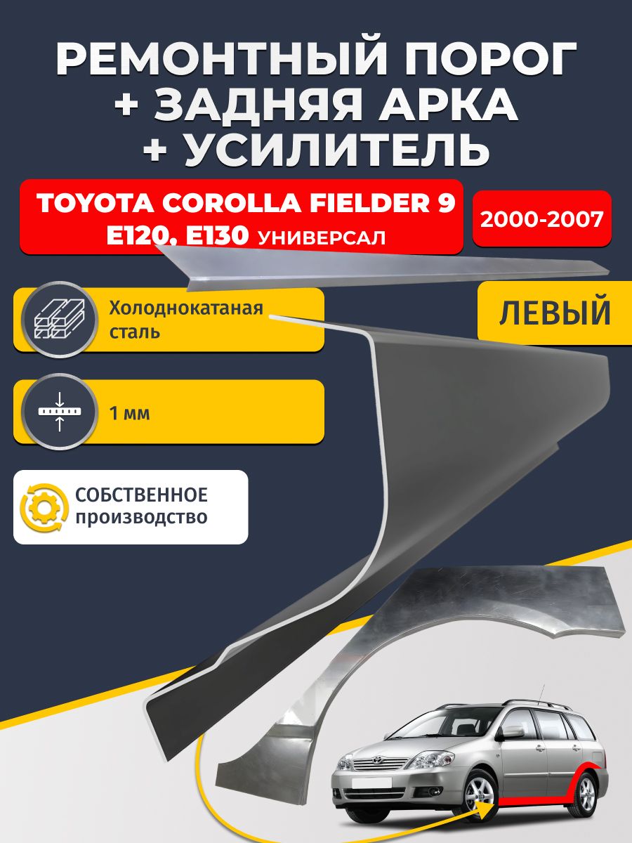 Левая ремонтная задняя арка (0,8 мм) и левый ремонтный стандартный порог (1 мм) + усилитель (1мм) на Toyota Corolla fielder 9 E120, E130 2000-2007 (Королла Филдер). Материал холоднокатаная сталь.