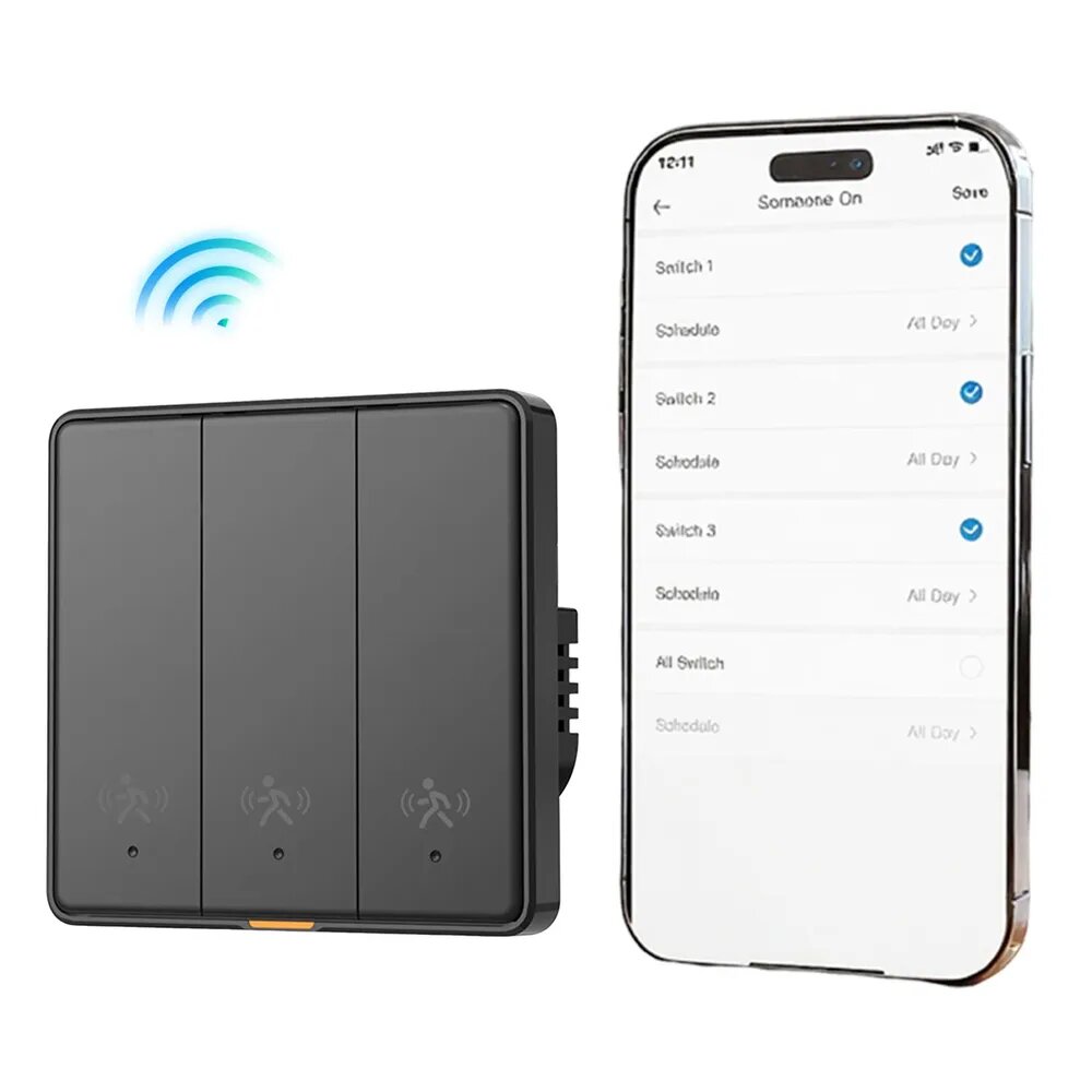 Умный радиолокационный выключатель Wi-Fi Tuya на 3 канала, чёрный, с функцией голосового управления