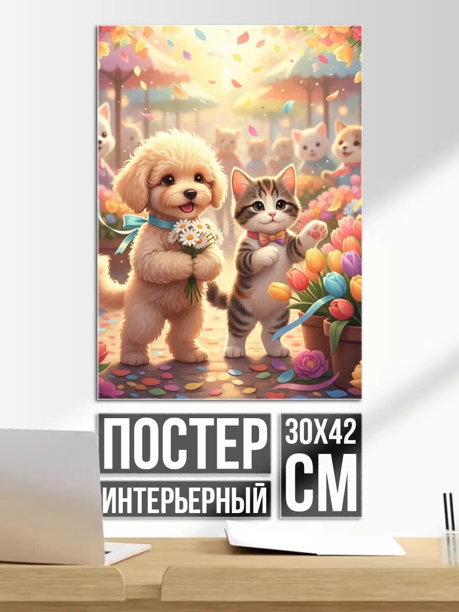 Постер на стену Праздничная собака с кошкой