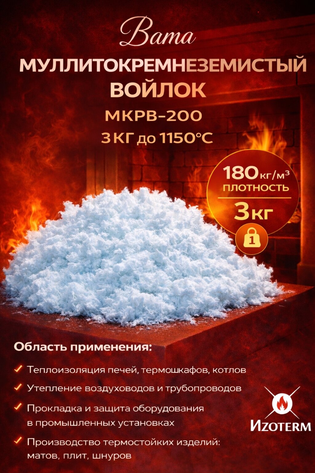 МКРВ-200 муллитокремнеземистая вата 3 кг, для печей и дымоходов