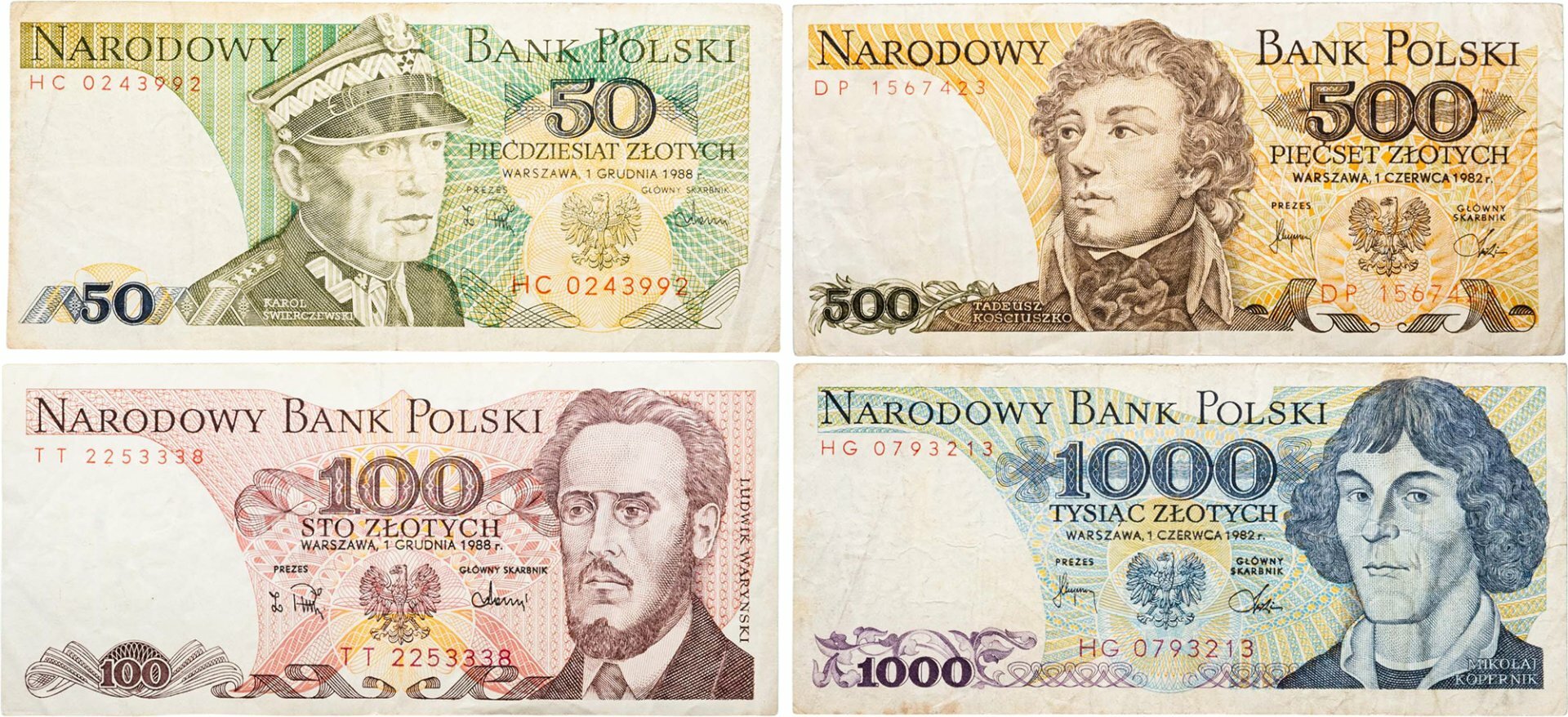 Польша набор из 4 банкнот 50, 100, 500, 1000 злотых 1982-1988