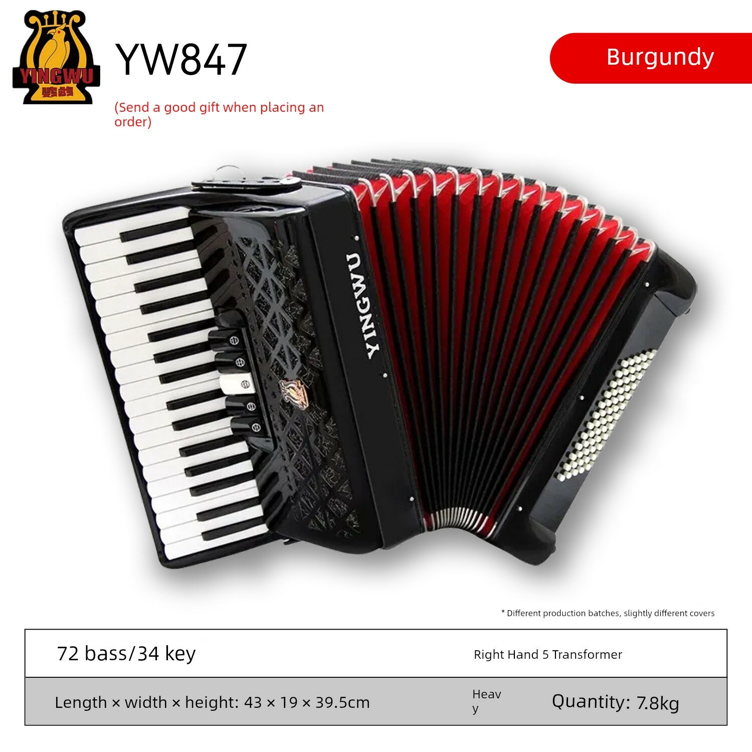 Баян 72-басов YW-847 с классической черной окраской и 5-летней гарантией