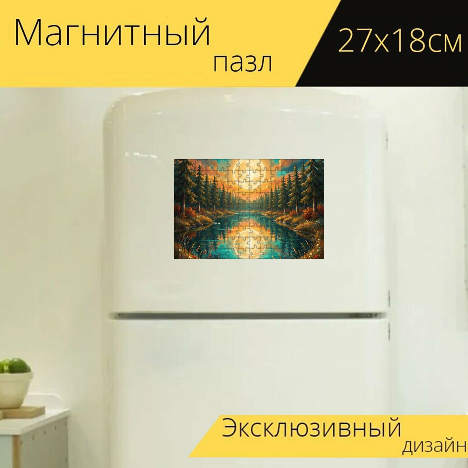 Магнитный пазл "Лесное озеро с ярким солнцем. Тихая северная природа с хвойными деревьями, зеркальной водой и цветущими лугами, на небе сияет огромный." на холодильник 27 x 18 см.