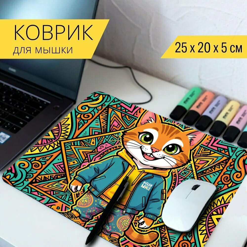 Коврик для мыши с принтом "Улыбающийся кот в худи. Яркий мультяшный котёнок в стильной одежде на фоне сложного орнамента с геометрическими узорами. Неоновые бирюзовые." 25x20см.