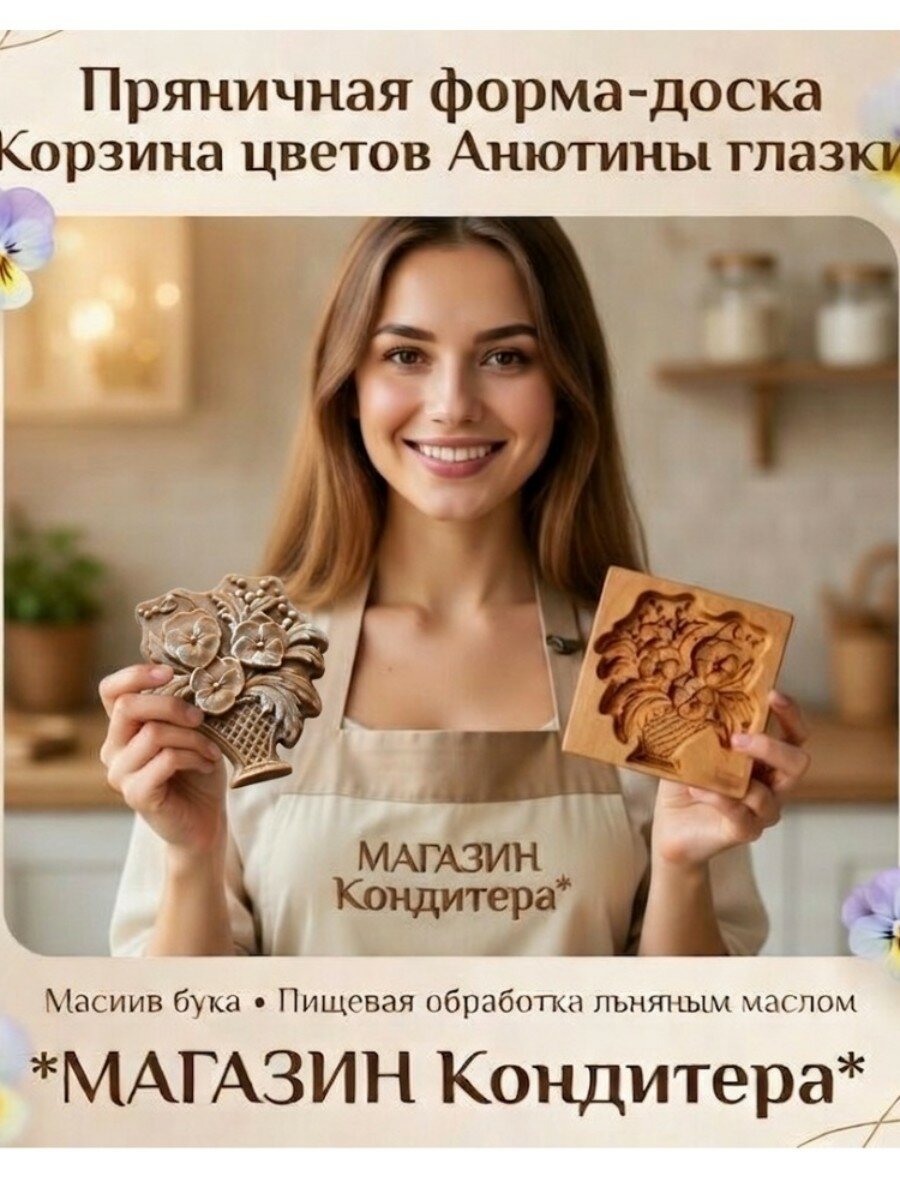 Пряничная форма-доска "Корзина цветов Анютины глазки" для пряников