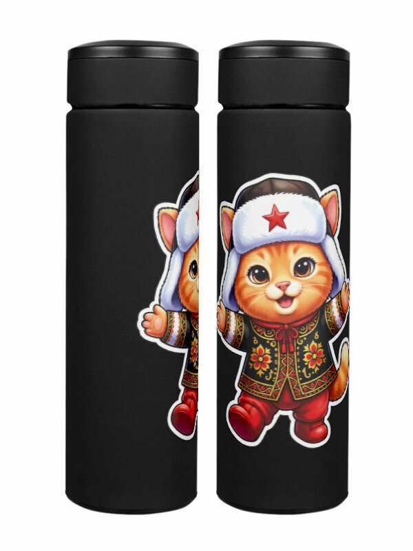 Термос «Рыжий русский кот» (черный)