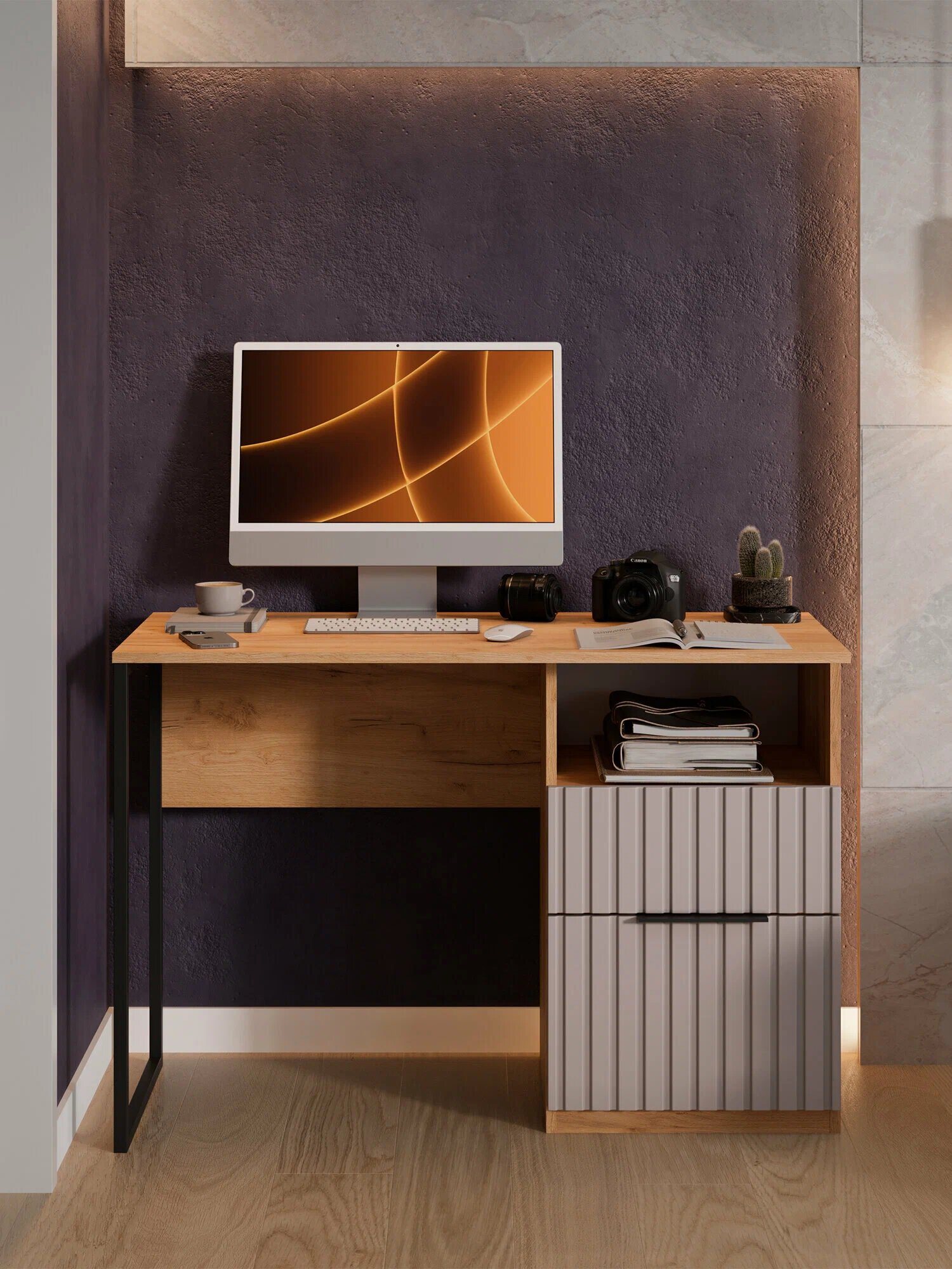 Письменный (компьютерный) стол с ящиками Хилтон, ШВГ: 110,2х75х50,3 см, цвет Дуб крафт золотой, Мокко матовый