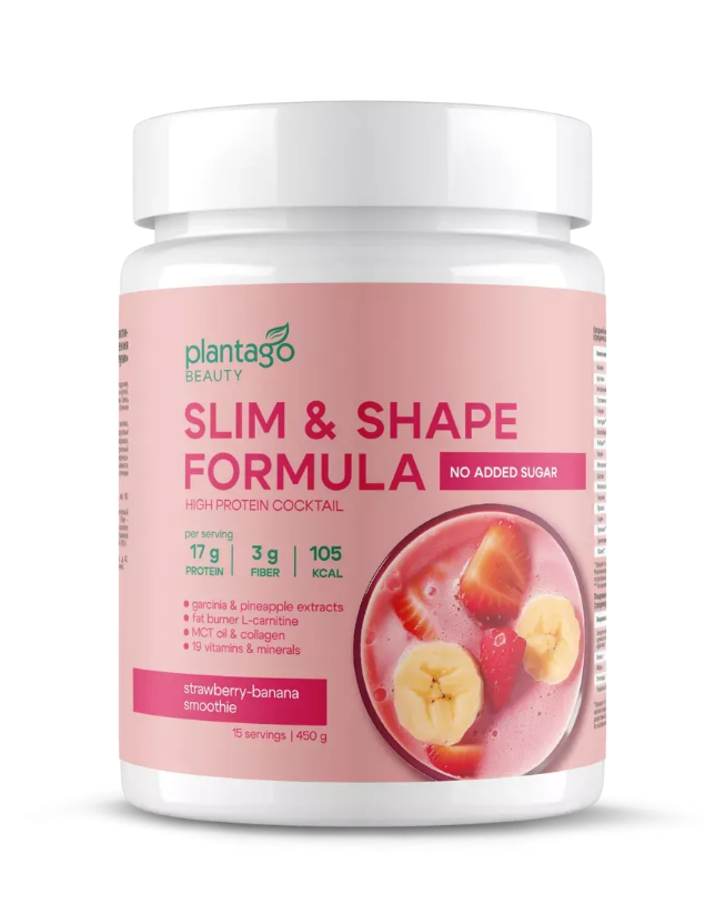 Протеиновый фитнес коктейль для похудения Prime Kraft SLIM & SHAPE PLANTAGO Protein, Клубнично-банановый смузи 450 г.