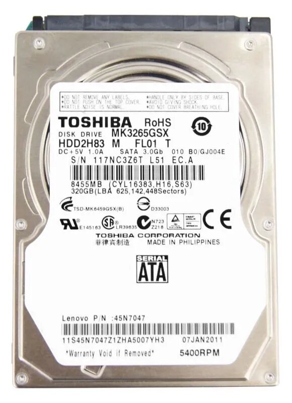 Жесткий диск Toshiba MK3265GSX, 2.5', 320ГБ, 8МБ кэш, SATA II, для ноутбуков