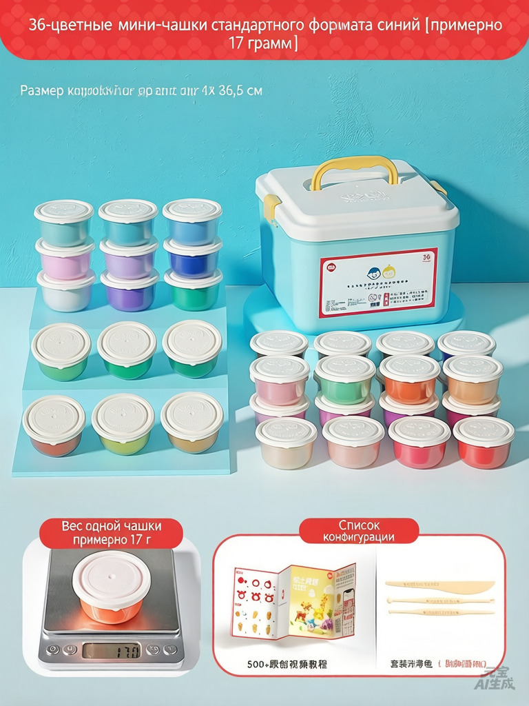 Детская глиняная игрушка ручной работы из цветной глины-36 цветов, 10 г, чашка из голубой глины в большой коробке