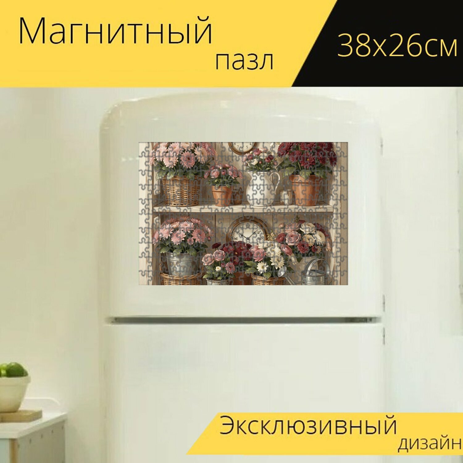 Магнитный пазл "Цветы в винтажном шкафу. Уютная композиция с пышными букетами в кашпо, глиняных горшках и металлических ведрах, старинные часы и лейка." для интерьера, 38х26 см.