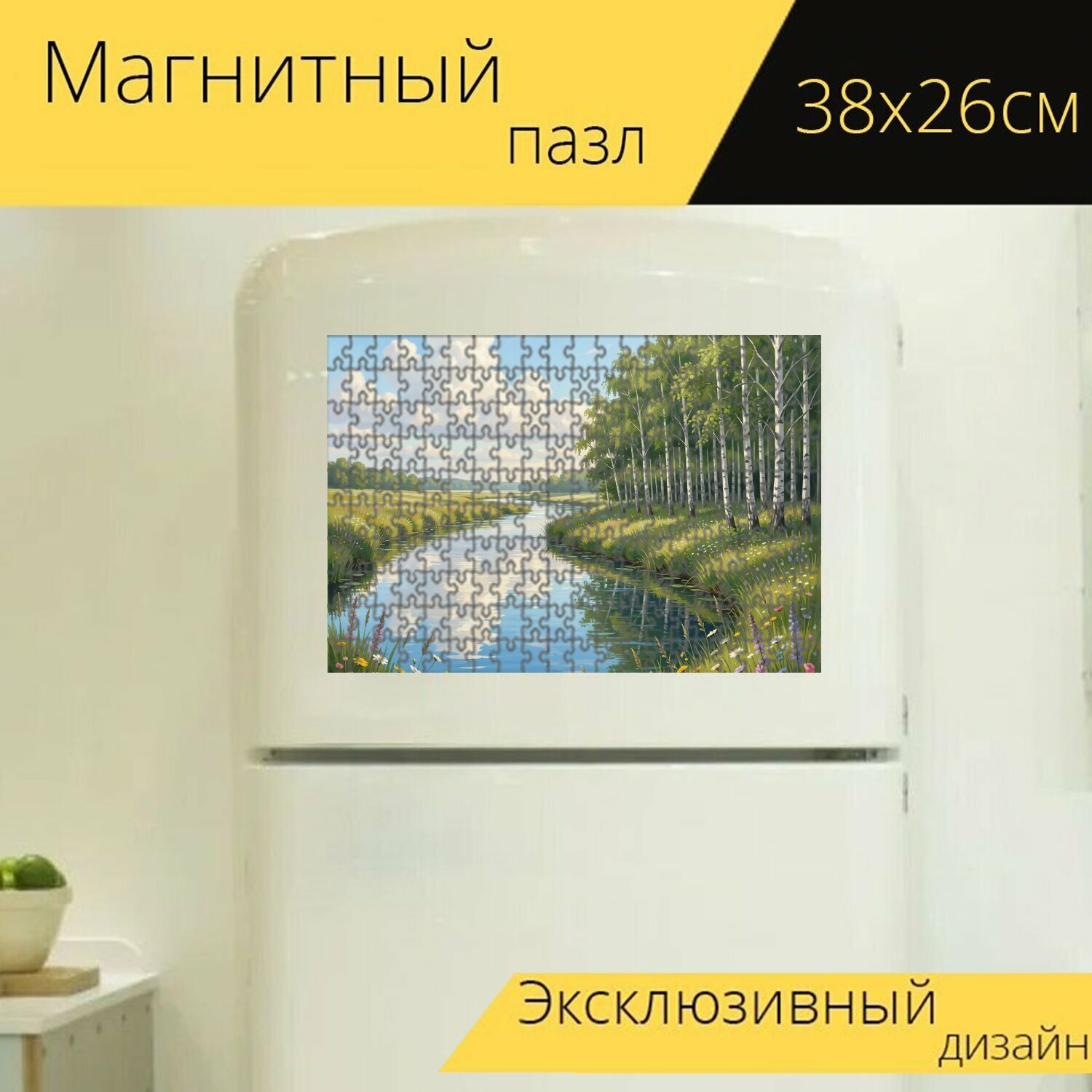 Магнитный пазл "Летний речной пейзаж с берёзами. Живописная русская природа: тихая извилистая вода, зелёные берега, белоствольные деревья и луговые цветы." для интерьера, 38х26 см.