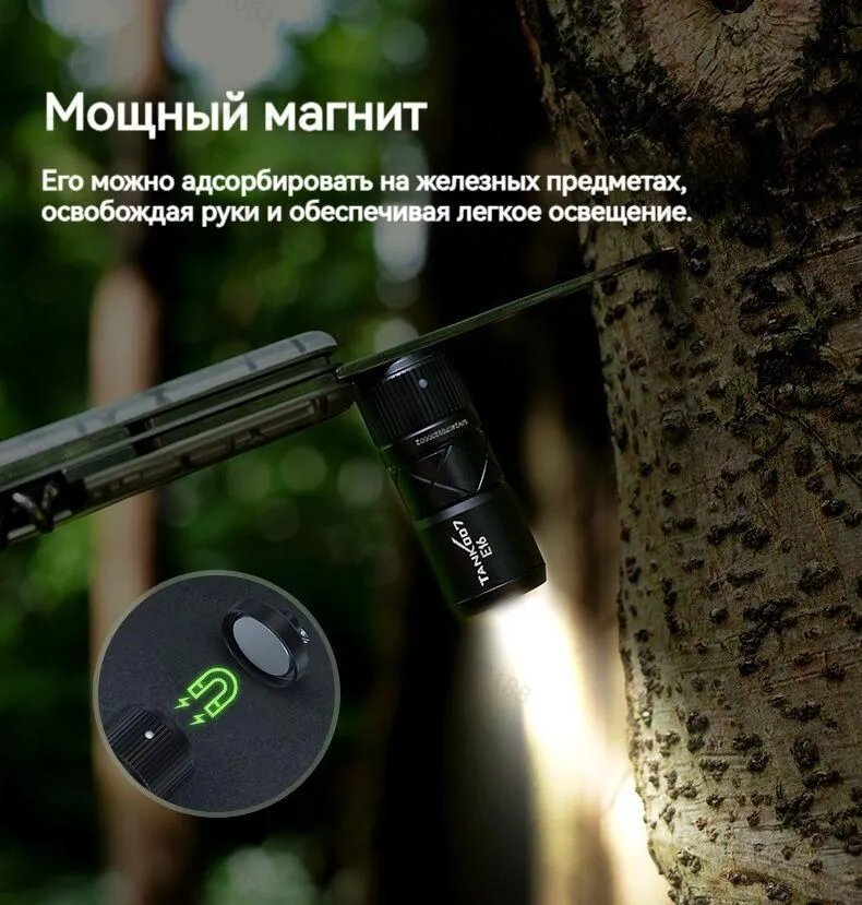 Фонарь ручной TANK007 E16+E09 с магнитом, 130 люмен, компактный фонарик, черный — фото 1
