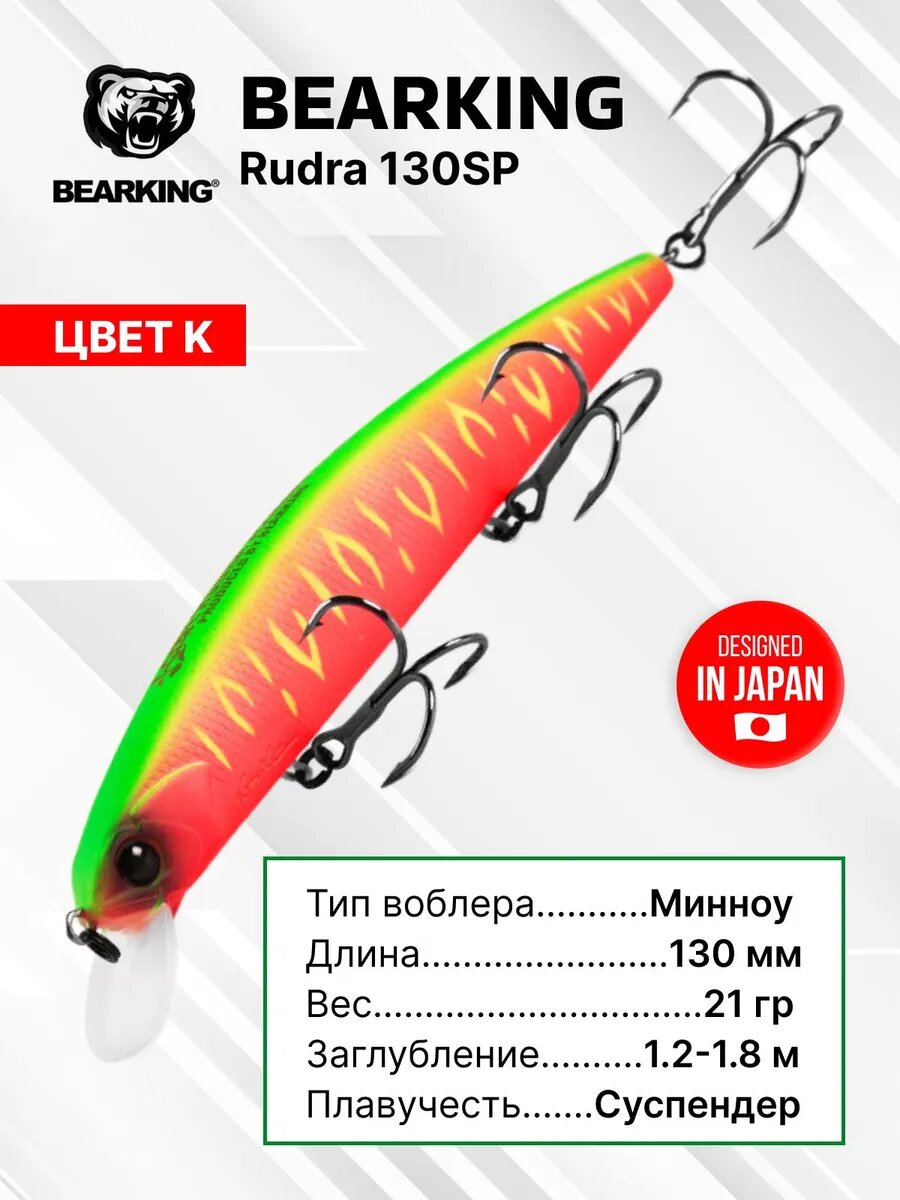 Воблер Bearking Rudra 130SP, цвет K /Fruit Mat Tiger (арбуз)/, (длина-130мм, вес-21гр, заглубление от 1,2 до 1,8м) для рыбалки на щуку.