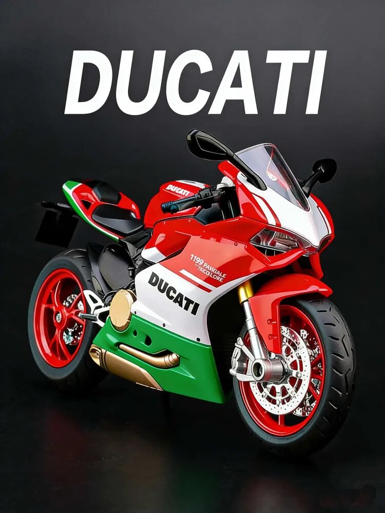 Игрушечная модель мотоцикла Ducati 1199 в масштабе 1:12, длина 17 см, материал ABS, красный цвет