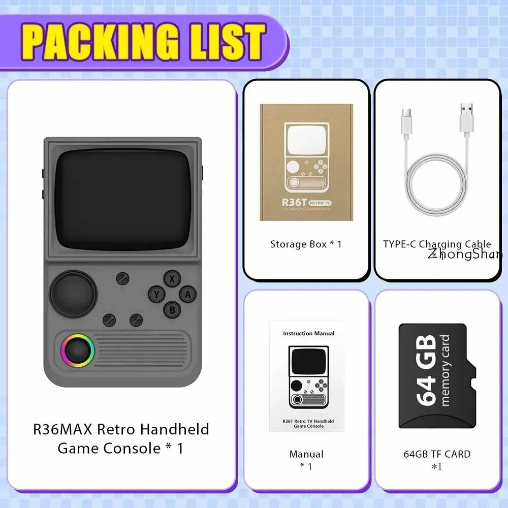 R36T Игровая консоль, r36t retro tv,64G/18000 ретро игр,3500mAh, серый