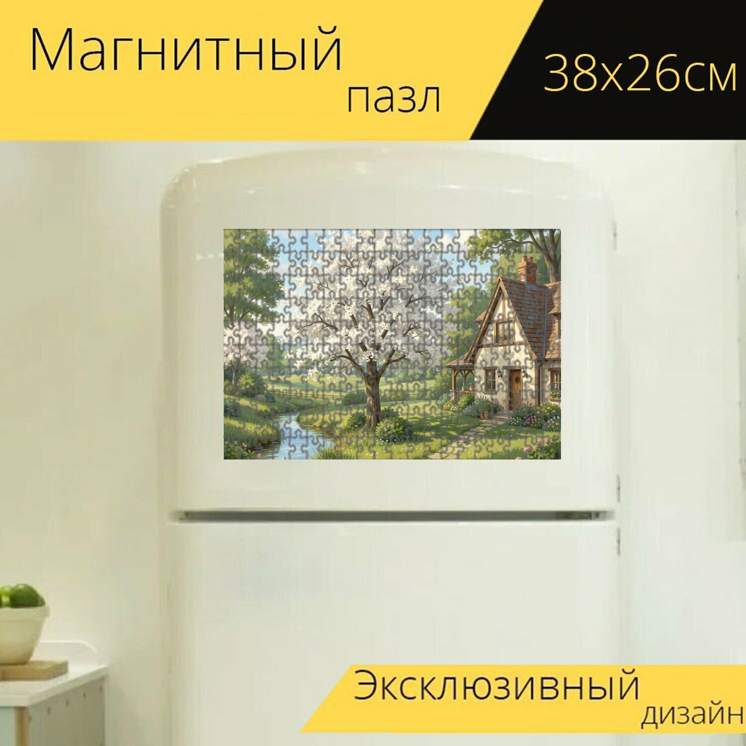 Магнитный пазл "Весенний деревенский домик у ручья. Уютный сельский пейзаж в живописном стиле: цветущее дерево, коттедж, извилистая речка, зеленый луг." для интерьера, 38х26 см.