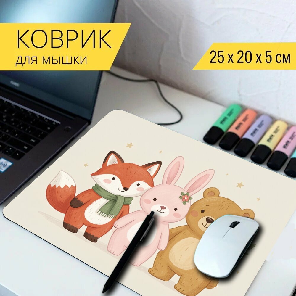 Коврик для мыши с принтом "Лисенок, зайчик и медвежонок. Милая детская иллюстрация с лесными зверятами в пастельных тонах: рыжая лиса в шарфе, розовый кролик с цветком." 25x20см.