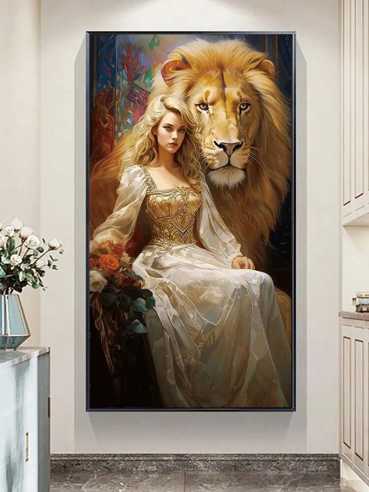 100X50cm/Алмазная мозаика "Девочка и лев " / Алмазная вышивка / Круглая картина стразами Полная выкладка 100х50 см размер картины(без подрамника, без рамки)
