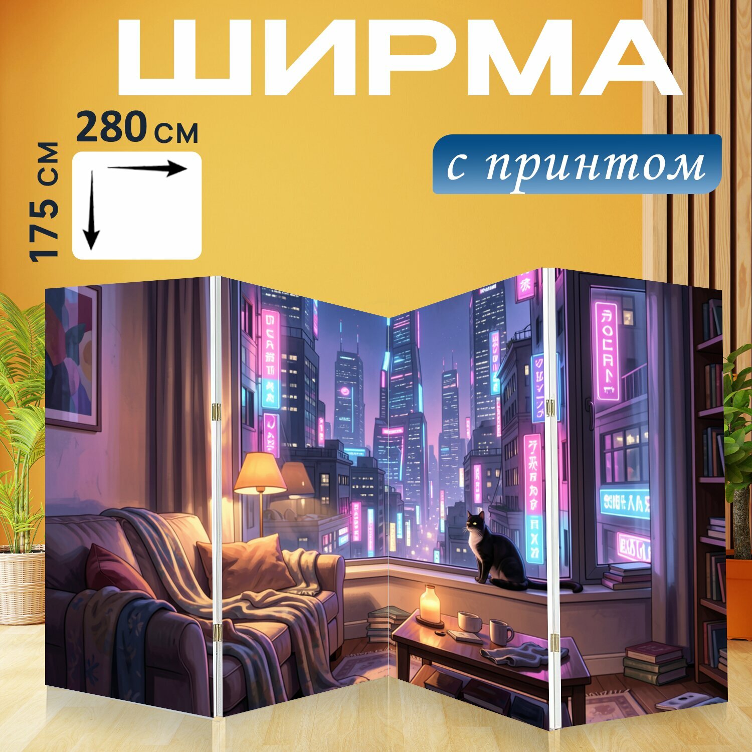 Ширма "Уютная комната с видом на мегаполис. Атмосферный вечерний интерьер в стиле digital art: панорамное." перегородка для зонирования комнаты с принтом 280x175 см. на холсте
