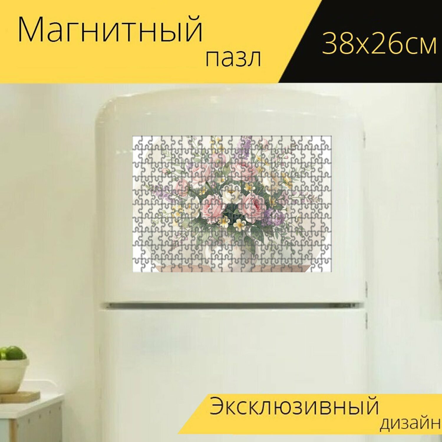 Магнитный пазл "Нежный букет роз в вазе. Акварельная цветочная композиция с пастельными бутонами, кремовыми соцветиями, сиреневыми веточками и зеленью в." для интерьера, 38х26 см.