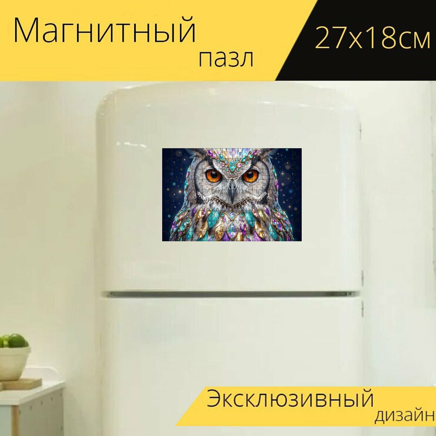 Магнитный пазл "Фэнтезийная сова с кристаллами. Мистический филин с янтарными глазами в драгоценных украшениях, сияющих самоцветах и перьях бирюзового." на холодильник 27 x 18 см.