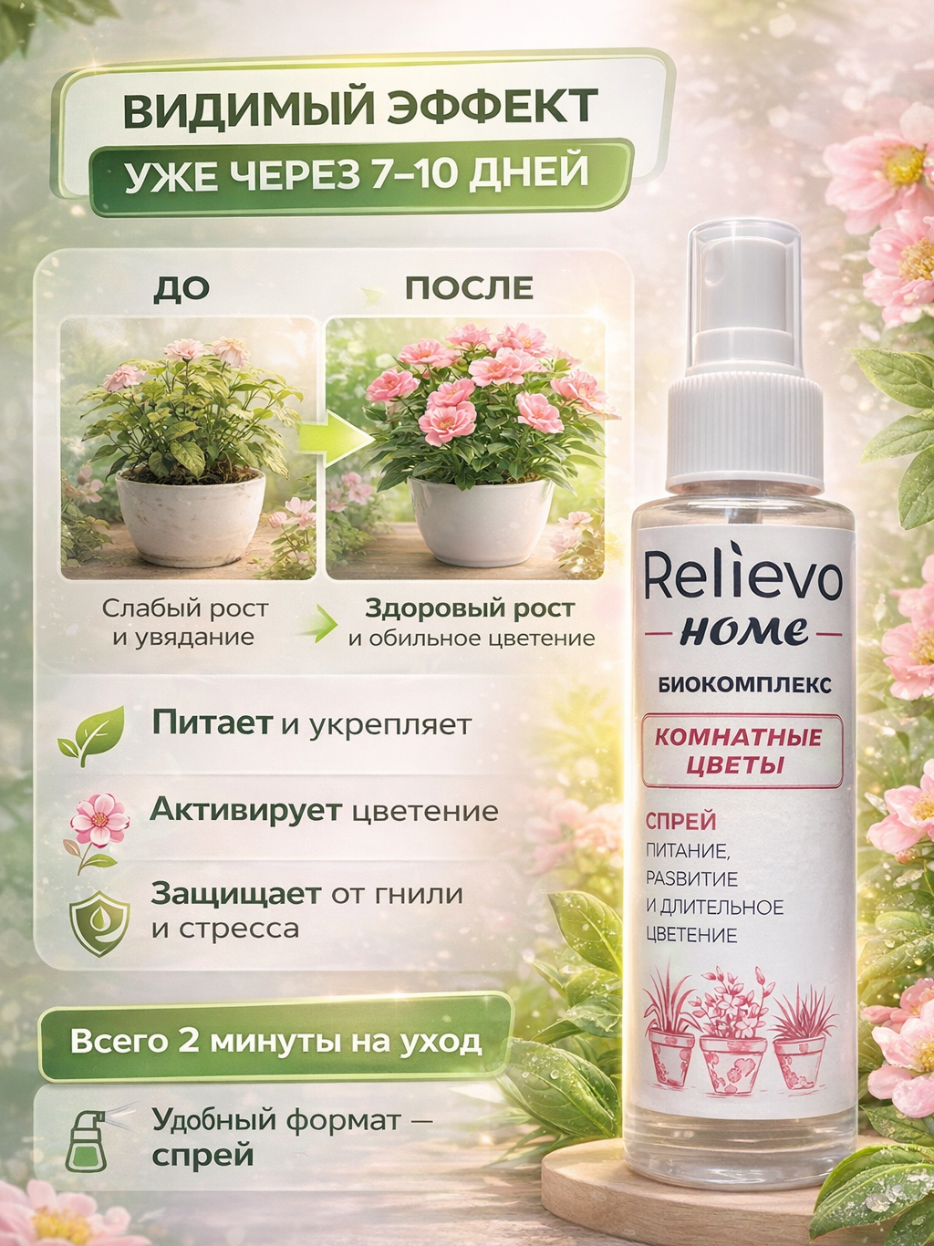 Удобрение Relievo "Home", для комнатных и балконных цветов, спрей
