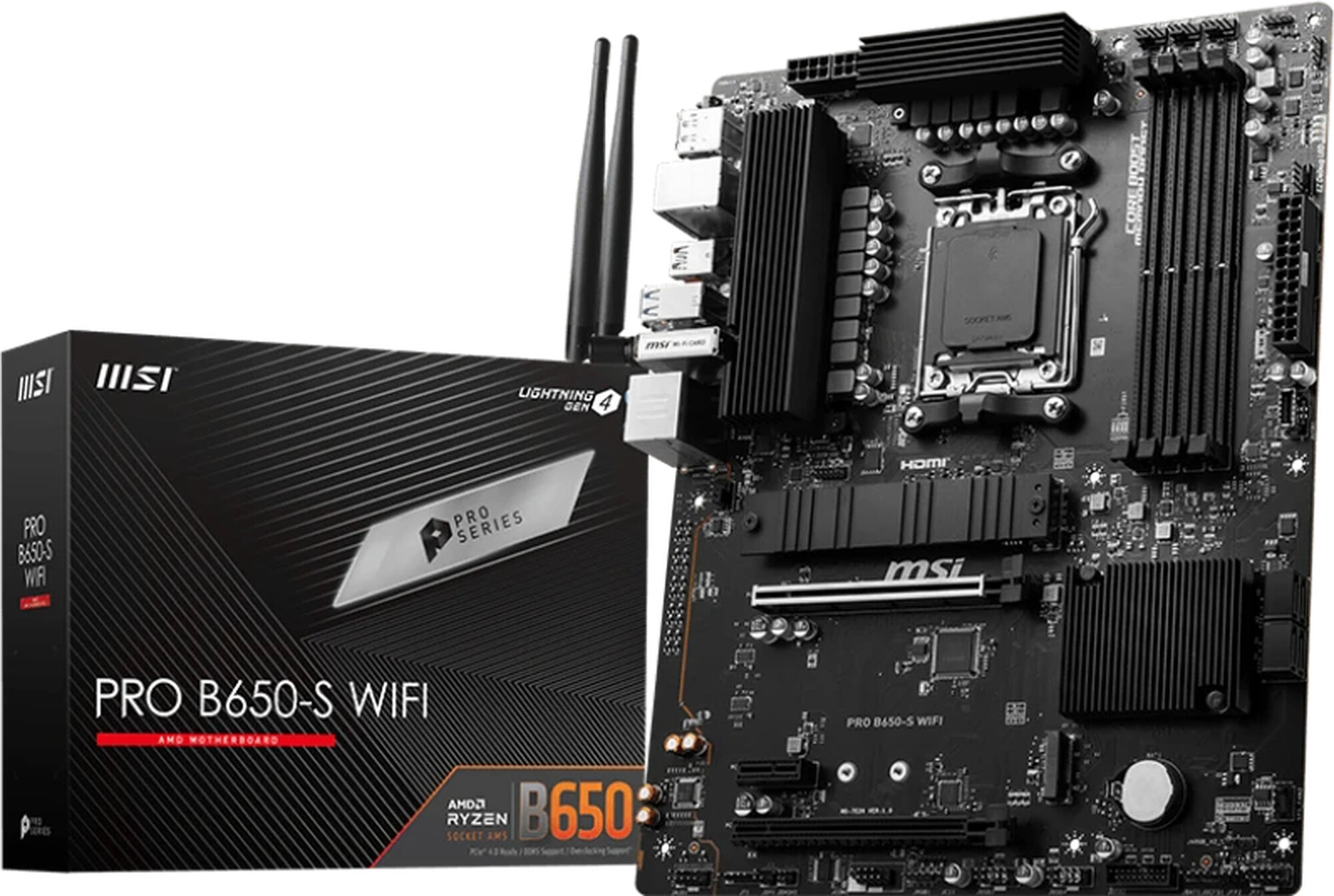Материнская плата MSI PRO B650-S WIFI (AM5/AMD B650/4xDDR5/2xPCI-Ex16/2xM.2/SB7.1/Wi-Fi/BT/GLAN/DisplayPort/HDMI/ATX)