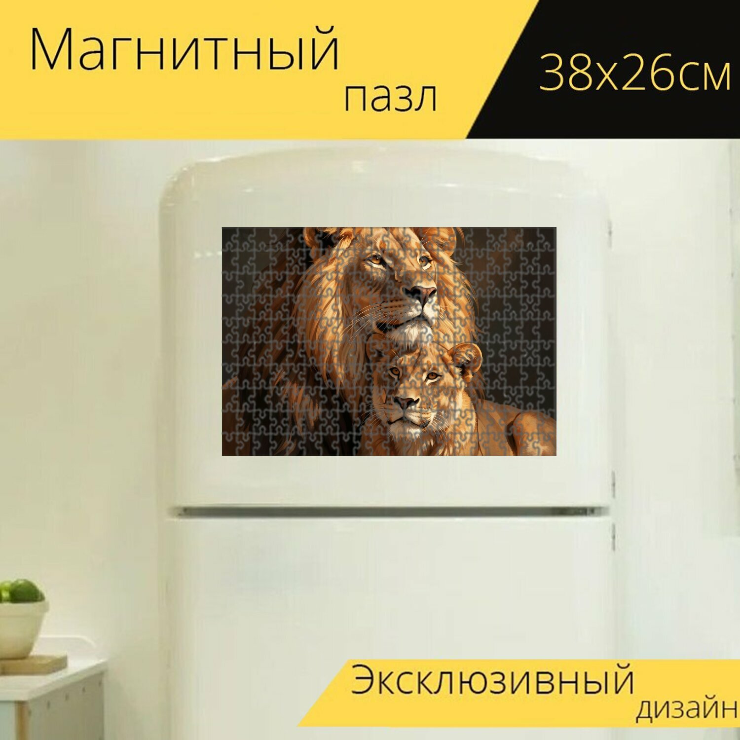 Магнитный пазл "Лев и львица вместе. Величественная пара диких кошек в реалистичной цифровой живописи. Золотисто-коричневые оттенки, пышная грива, мягкий." для интерьера, 38х26 см.
