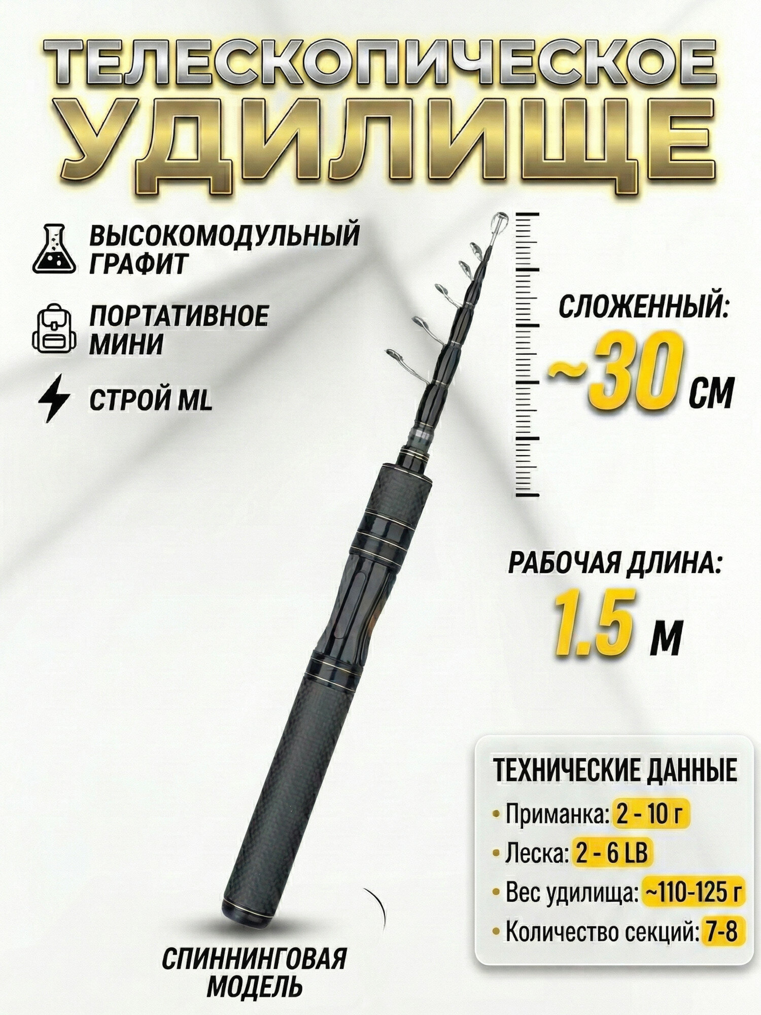 Спиннинг телескопический карбоновый 1.5м (тест 2-8г, ML) тревел-удочка компактная 30 см