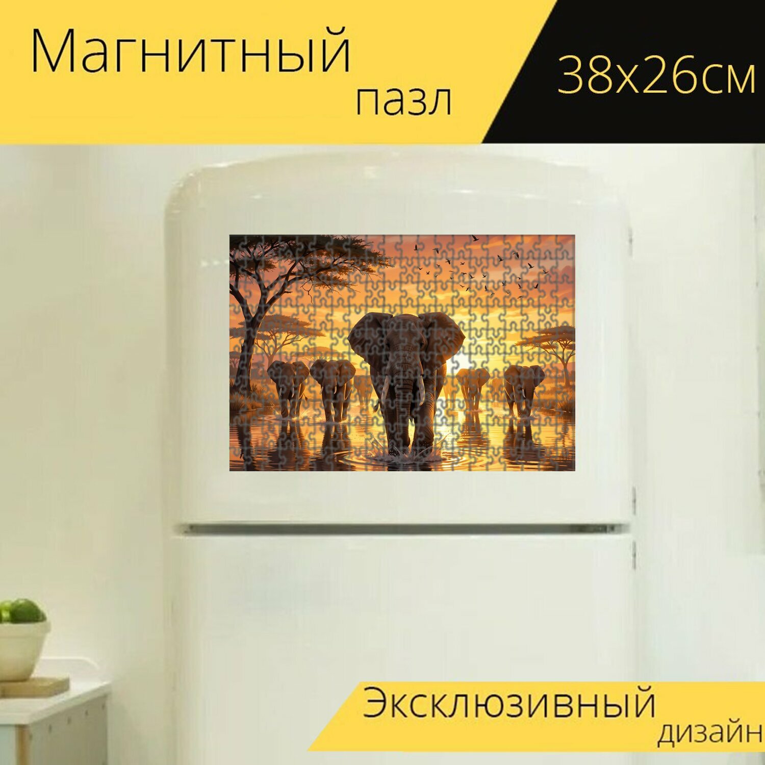 Магнитный пазл "Стадо слонов на закате. Африканская саванна, величественные животные идут по воде на фоне оранжево-золотого неба. Цифровая иллюстрация с." для интерьера, 38х26 см.