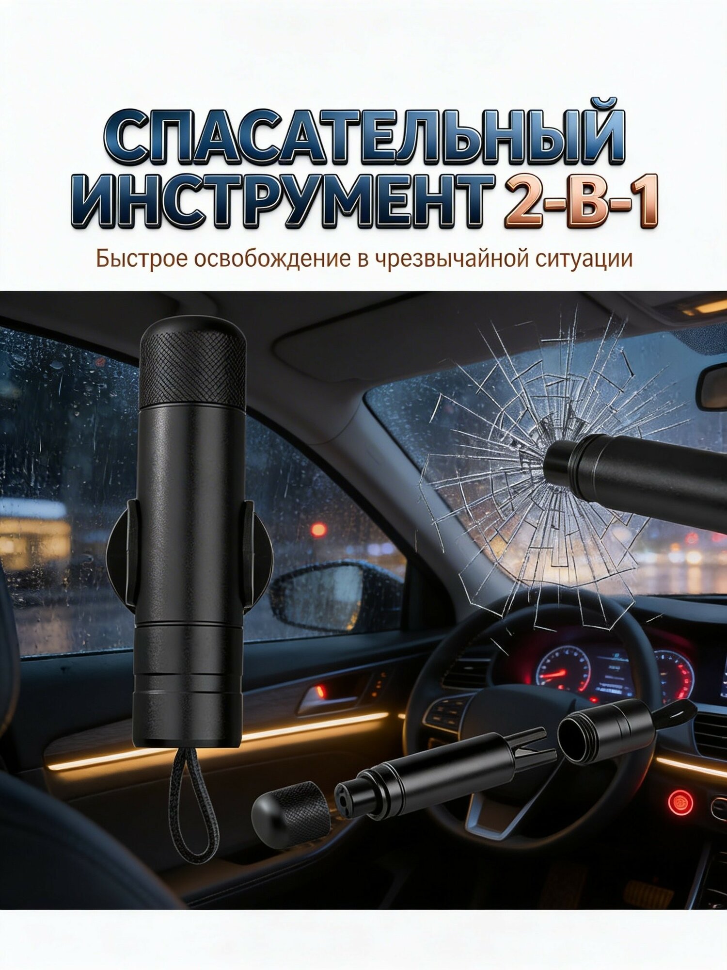 Разбиватель стекол 2 в 1, нож-резак для ремней безопасности и аварийный молоток из вольфрамовой стали с подпружиненным механизмом для автомобиля
