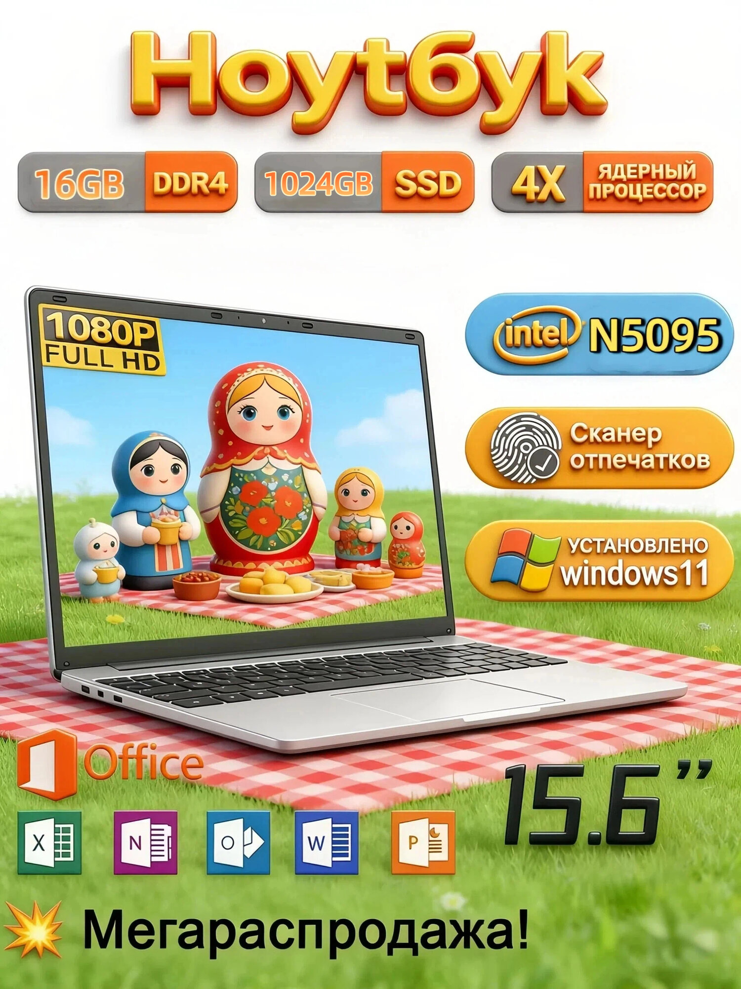 Ноутбук 15,6 дюйма, Intel N5095,16 ГБ, SSD 1024 ГБ, графические процессоры Intel UHD , Windows 11, русская клавиатура