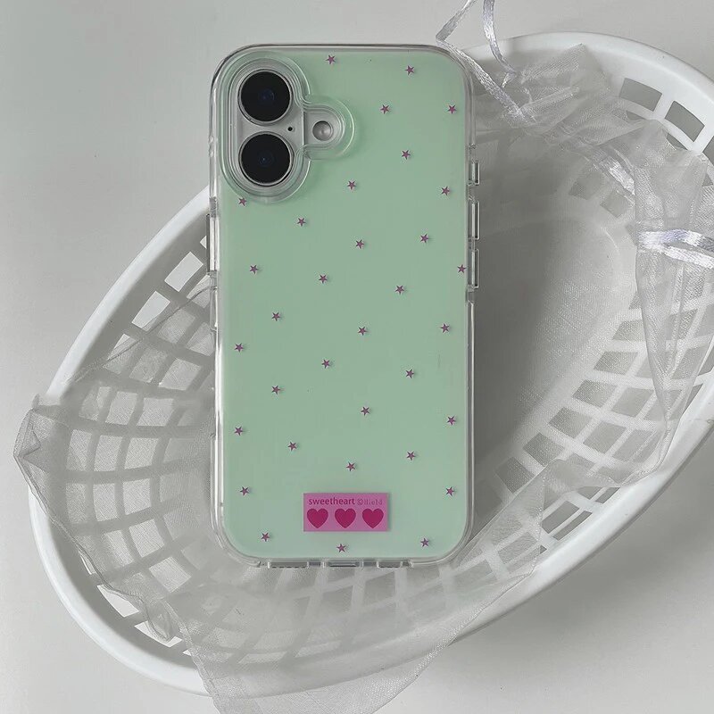 Чехол для телефона Ins Korean Summer Pink Green Star Clash Girl Heart Couple для iPhone 17 16 15 14 13 12 11Pro Max 78Plus MINI Y2K Cover