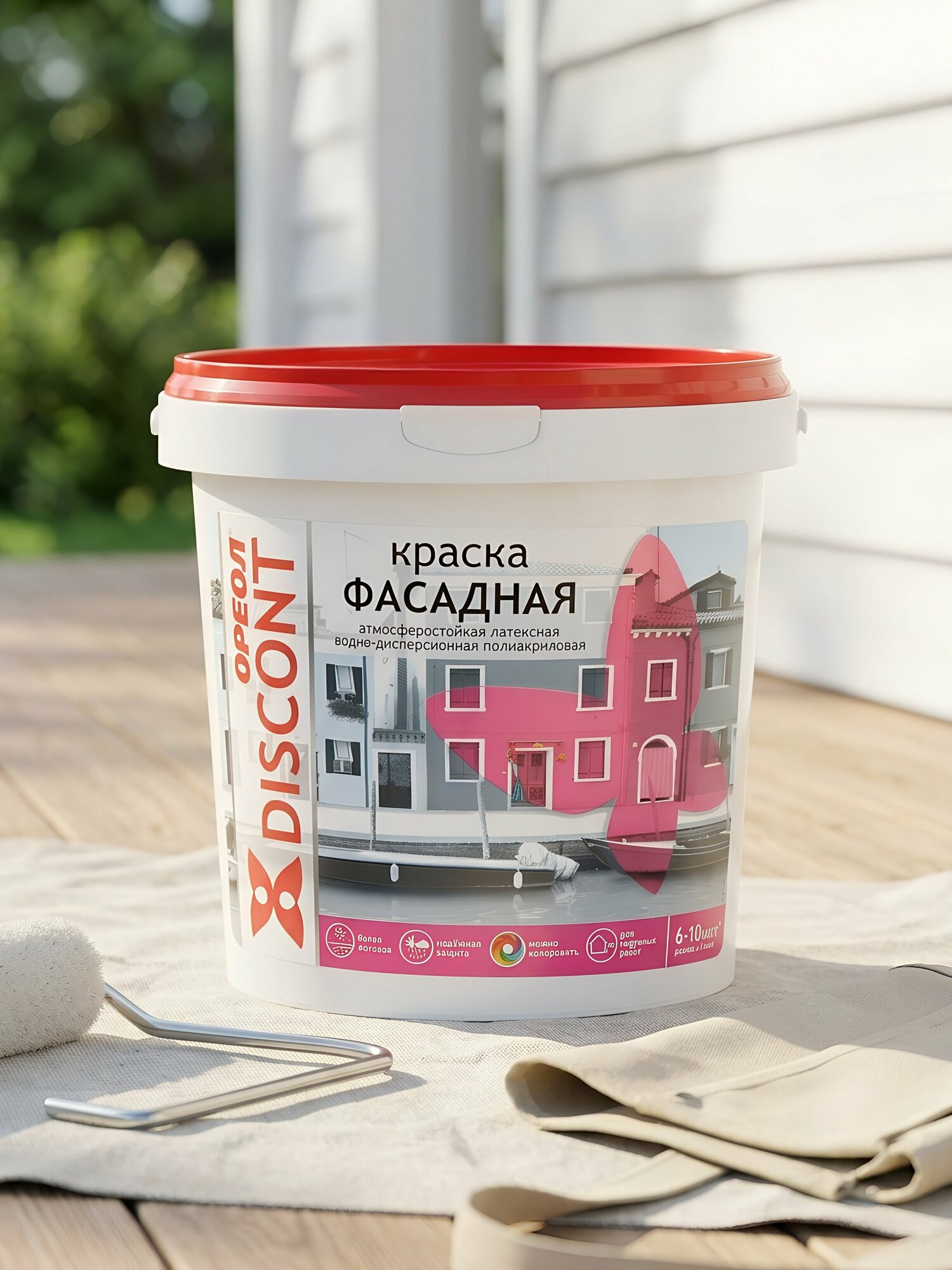 Краска фасадная Ореол Дисконт водно-дисперсионная полиакриловая матовая белая 13 кг для наружных работ по бетону и кирпичу